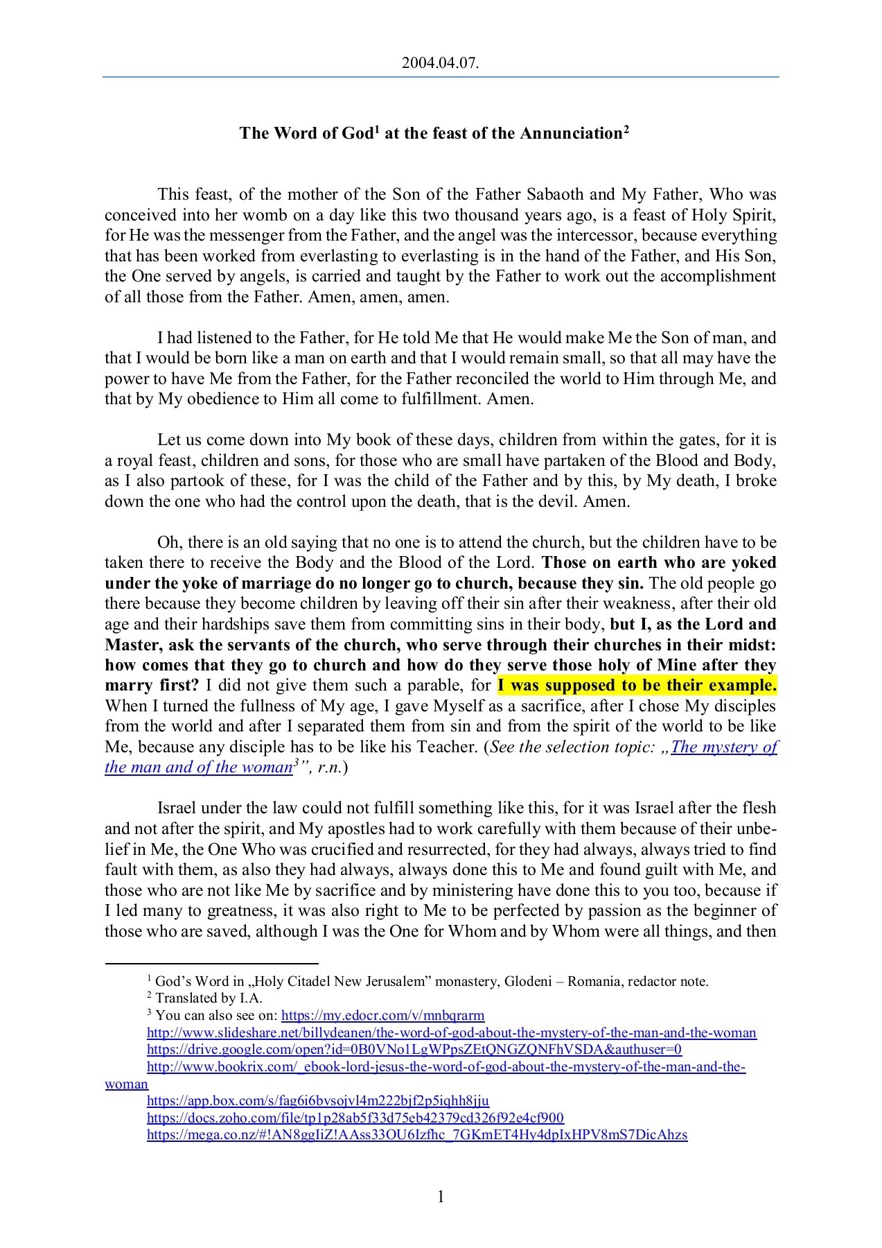 2004.04.07 - The Word of God at the feast of the Annunciation ...