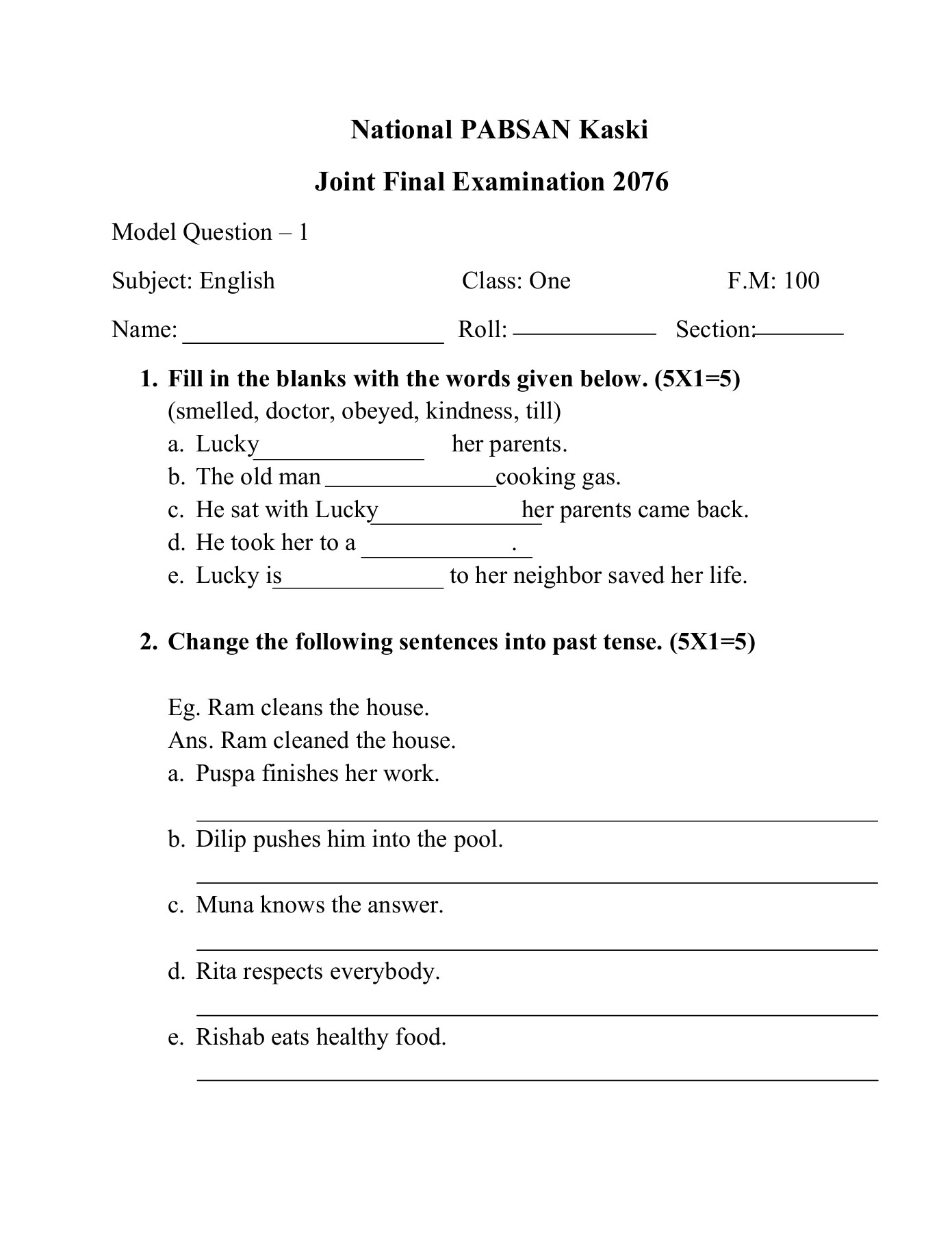 Class 1 English Model - SHINING STAR SECONDARY BOARDING SCHOOL - Page 1 ...