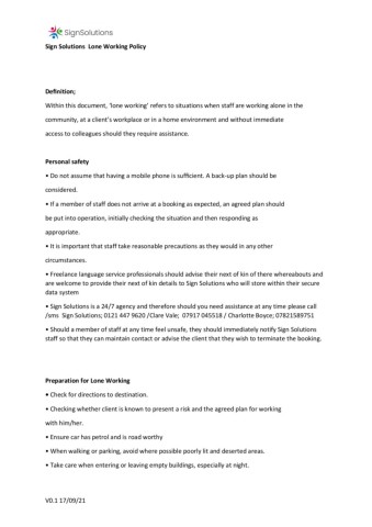 Sign Solutions Lone Working Policy v0.1 170921