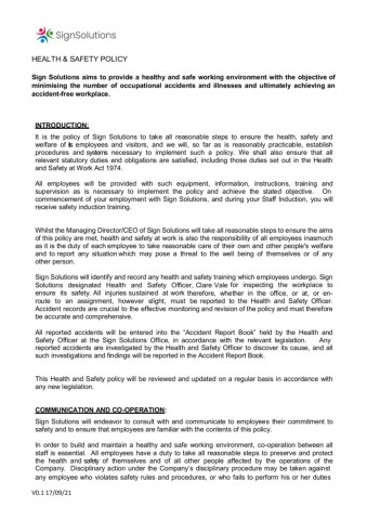 Health and Safety Policy v0.1 170921 - Sign Solutions - Page 1 - 6 ...