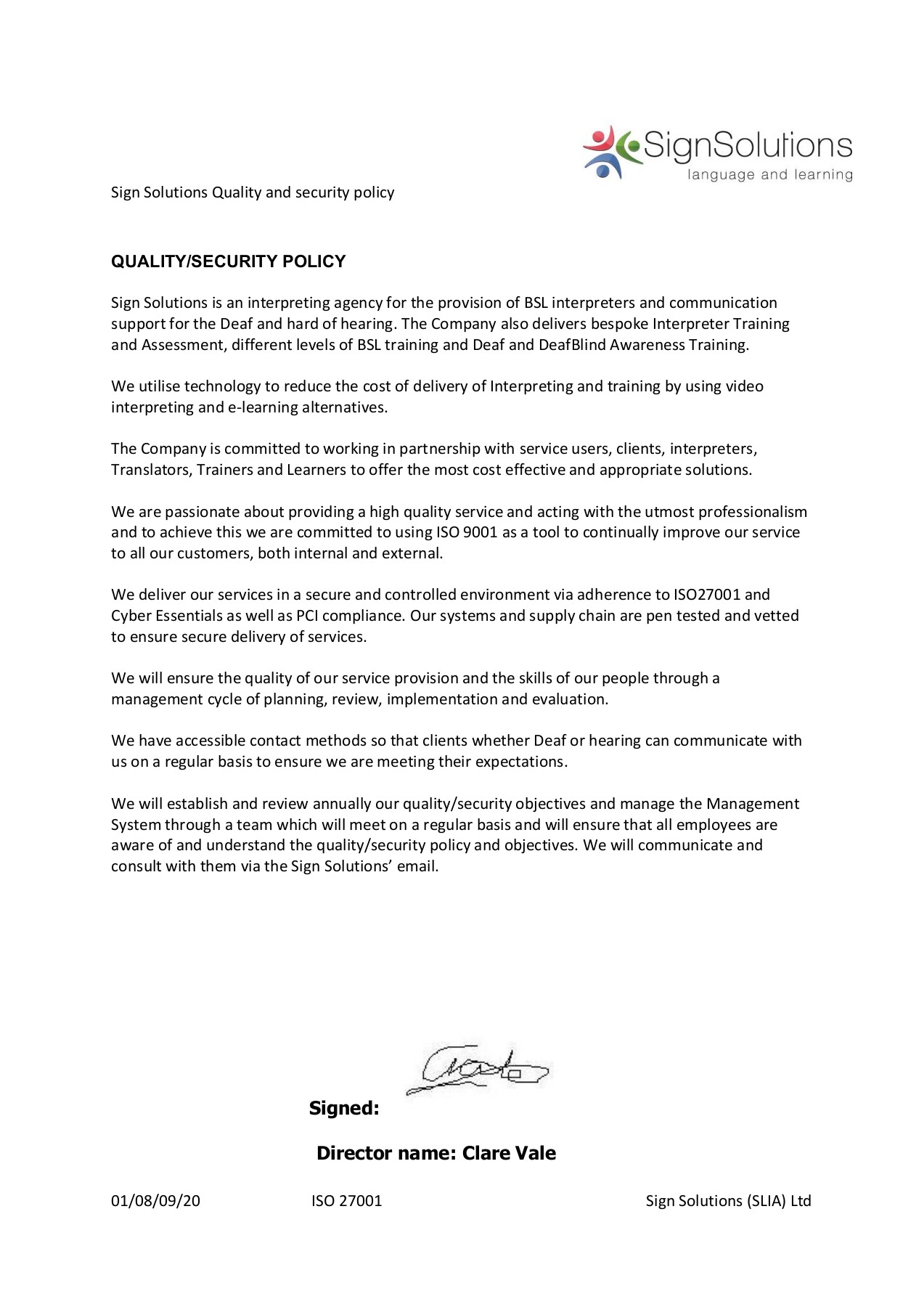 Sign Solutions Quality and Security policy v1 080920 - Sign Solutions ...