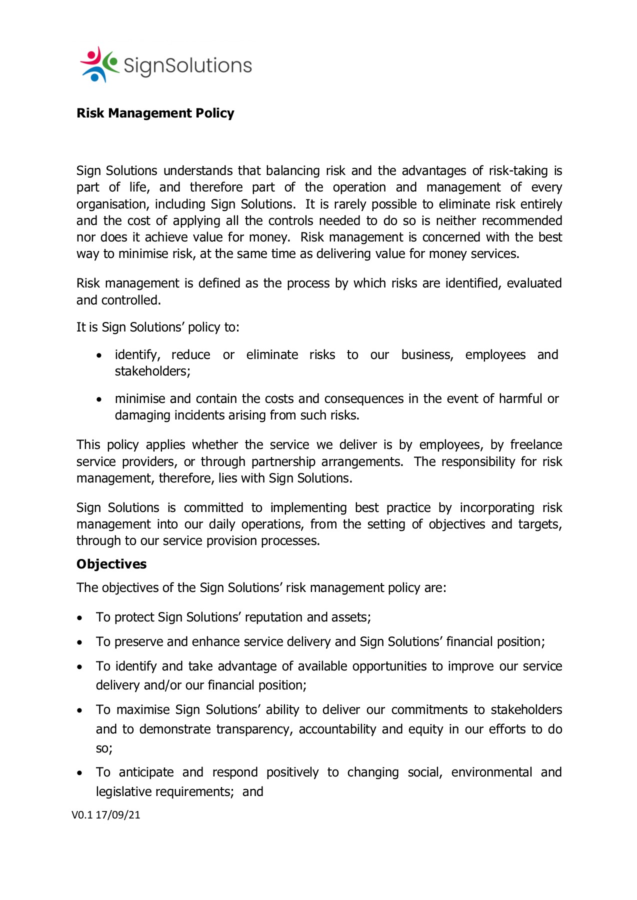 Risk Management Policy v0.1 170921 - Sign Solutions - Page 1 - 2 | Flip ...