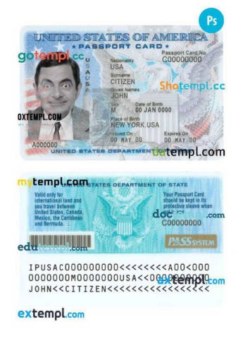 USA passport identification document card template in PSD format, fully ...