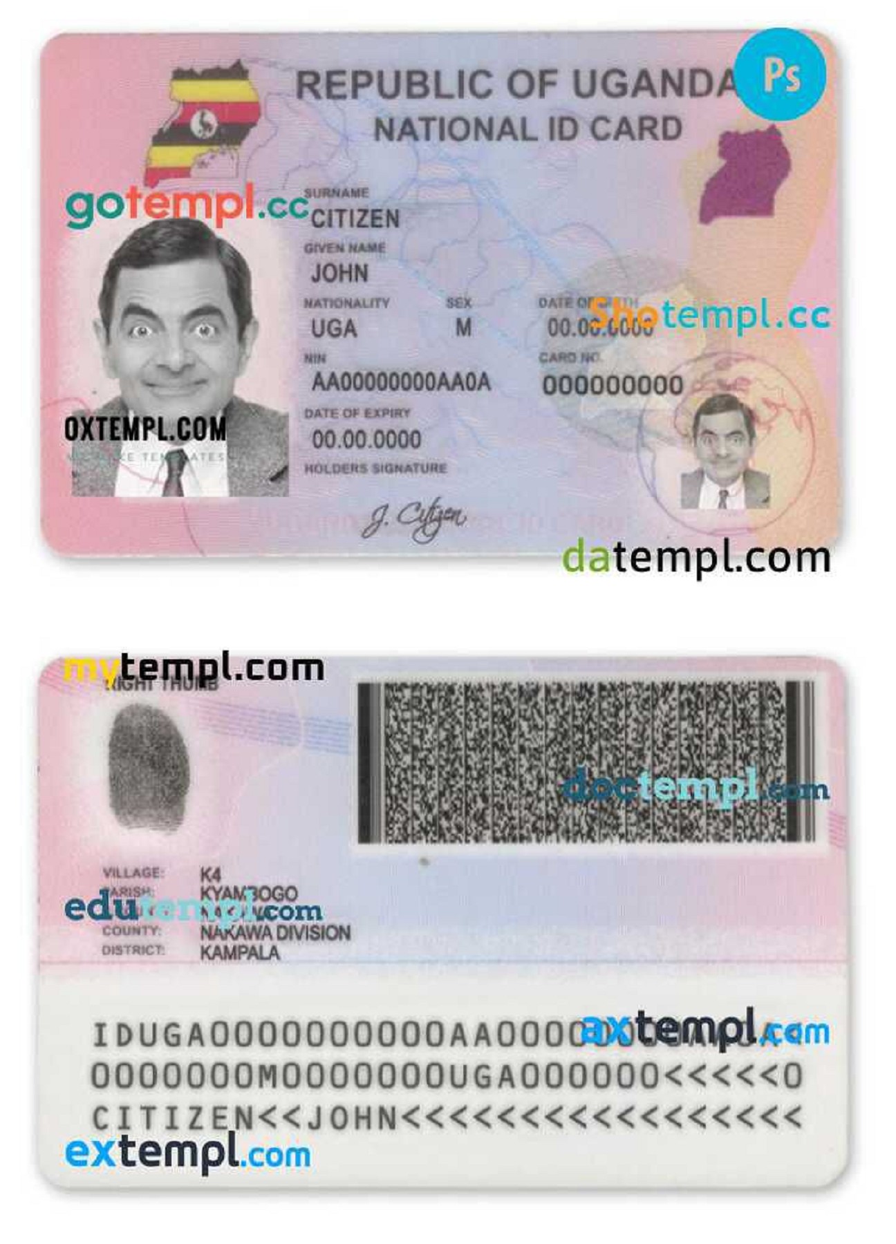 Uganda identification document template in PSD format, fully editable ...