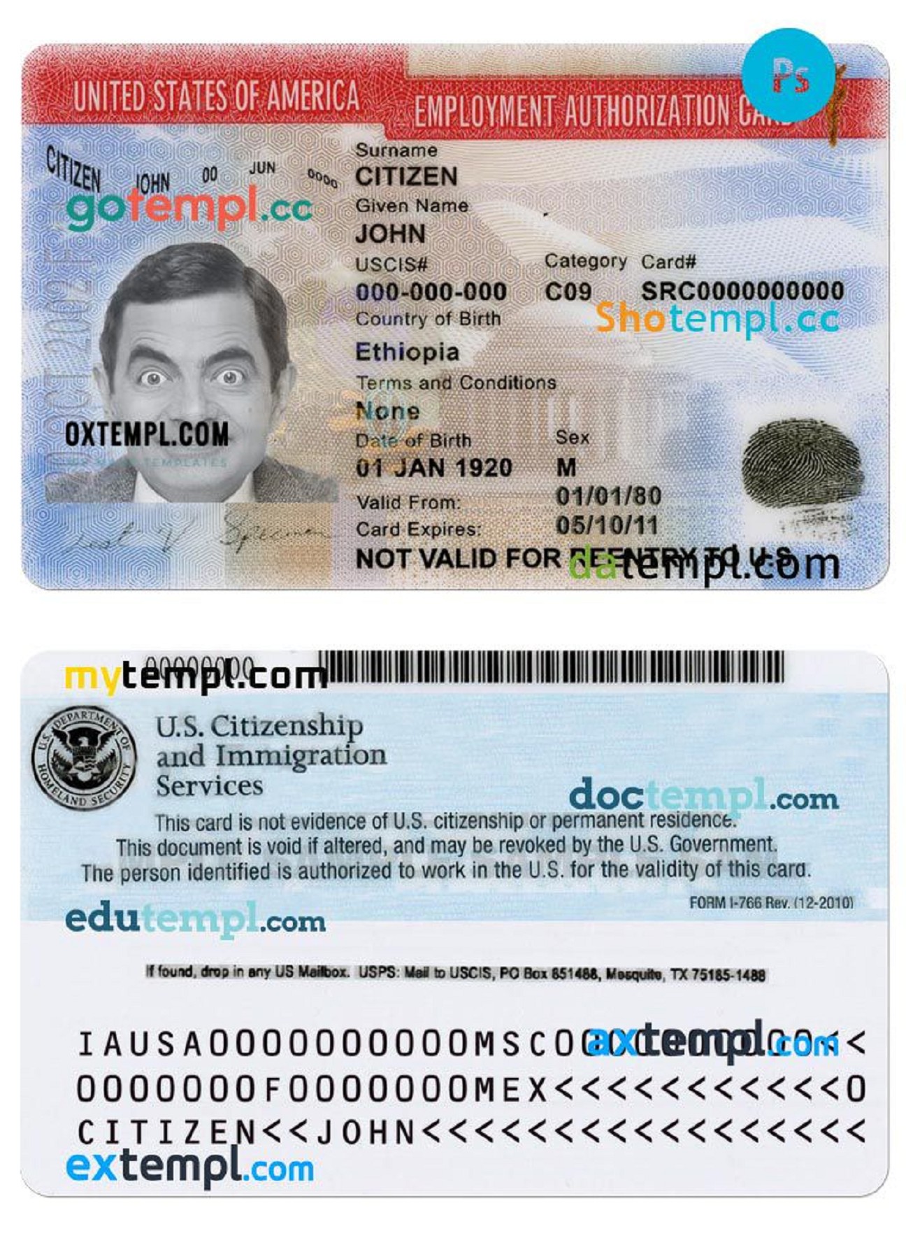 USA employment authorization card PSD template, version 2 - Doctempl id ...