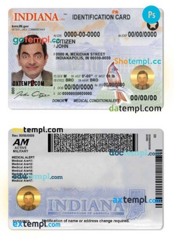 USA Indiana state identification document template in PSD format, fully ...