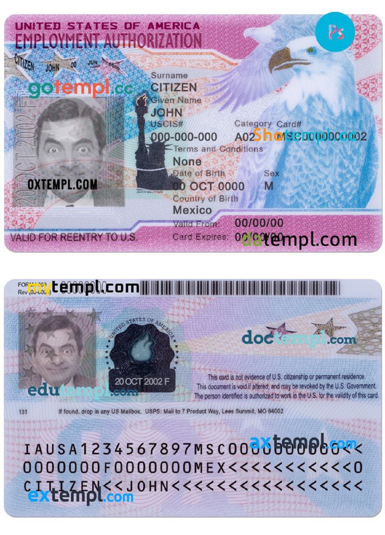 USA employment authorization card PSD template, with fonts - Doctempl ...